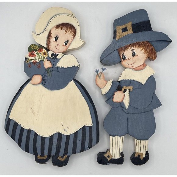 Holiday | Vtg 8s Thanksgiving Plaque Pilgrims Boy Girl Hand Painted ...